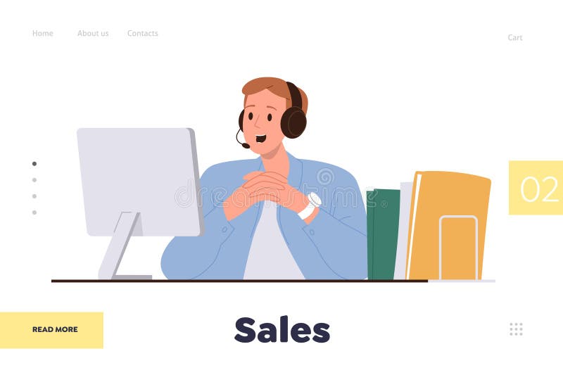 Sales Service Landing Page Design Template with Man Operator Character ...