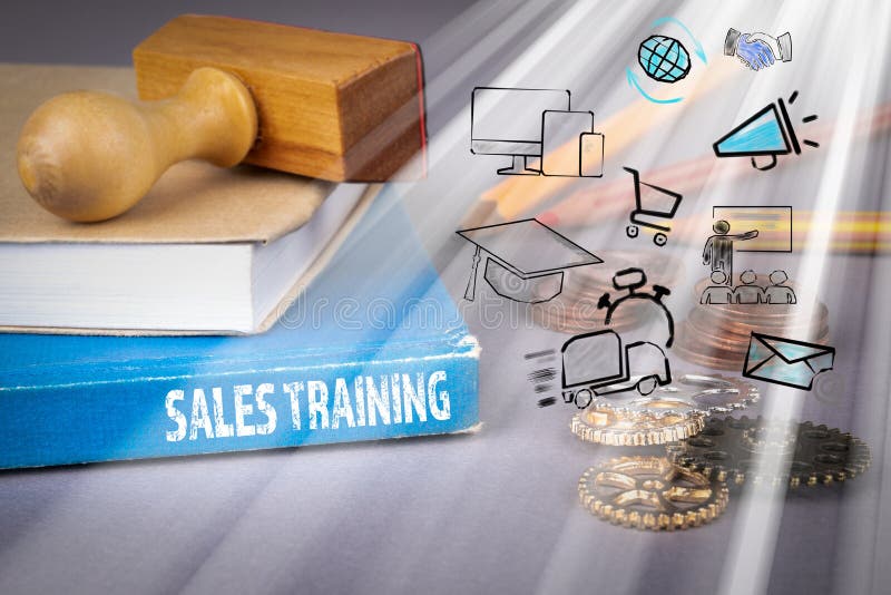 Sales Training Concept. Blue Book on a Gray Office Table Stock Photo ...