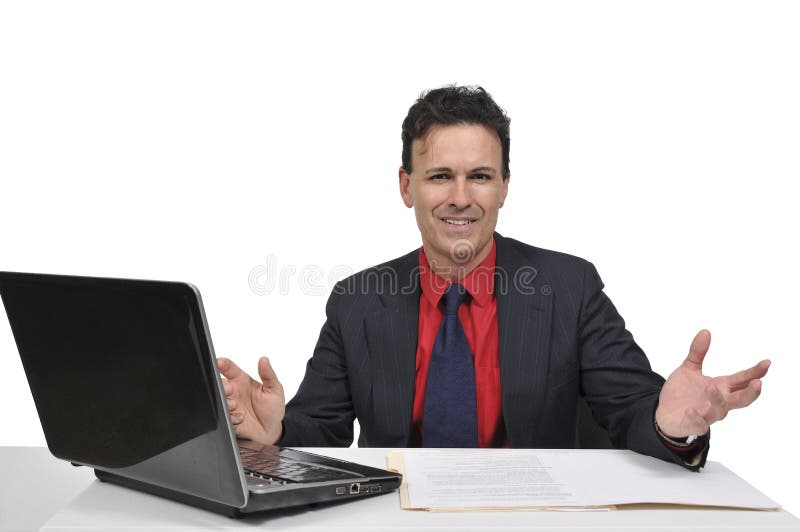 Salesman Sat at Computer Desk Talking on Smartphone Stock Photo - Image ...
