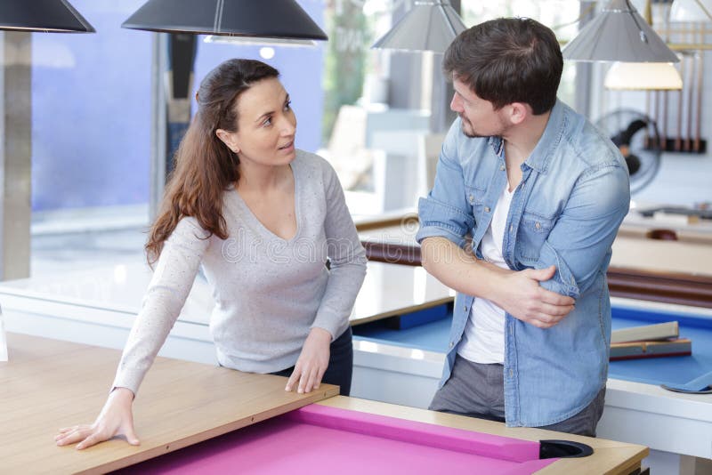 Salesman and Customer in Billard Shop Stock Photo - Image of mini ...