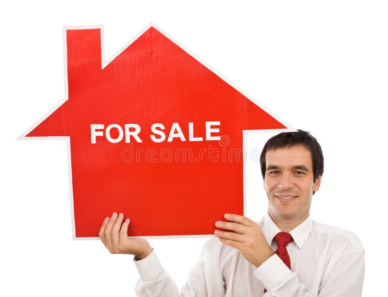 Salesman with House for Sale Sign Stock Photo - Image of hand, finance ...