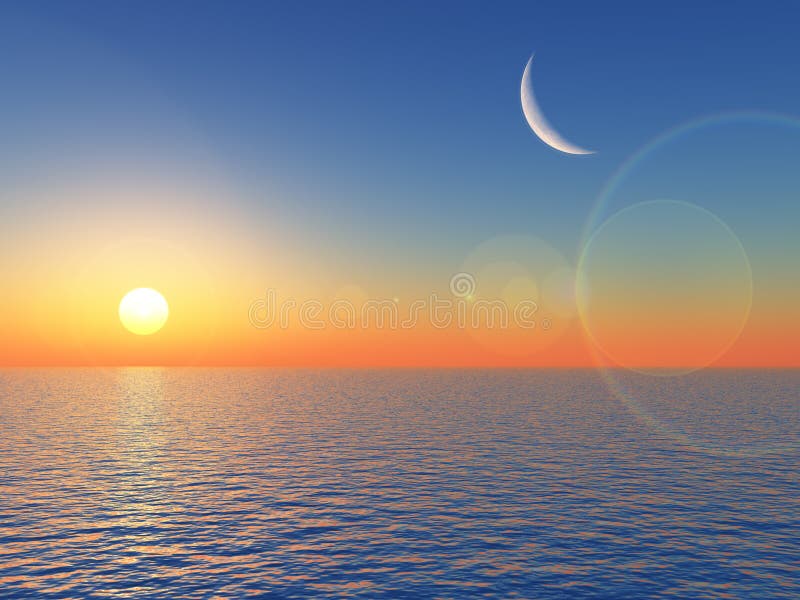 Salida Del Sol Sobre El Mar Con La Luna Stock de ilustración - Ilustración de agua, luna: 4524694