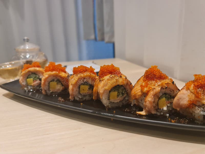 Salmon Aburi Row stock photo. Image of vegetable, food - 259027214