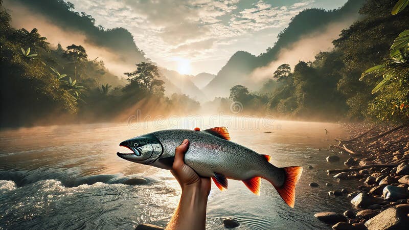 Salmon Against the Backdrop of a Scenic River Valley Stock Illustration ...