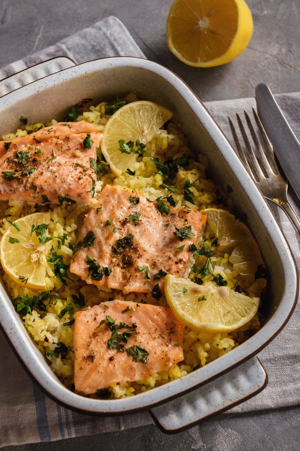 Salmon Baked on Oven with Rice and Lemon. Stock Image - Image of white ...