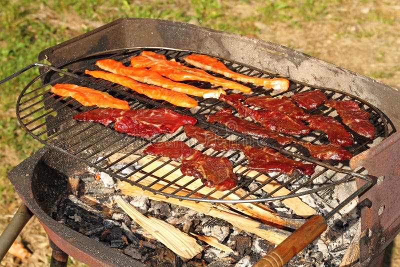 Salmon and Beef on Barbecue Stock Photo - Image of closeup, fire: 64388822