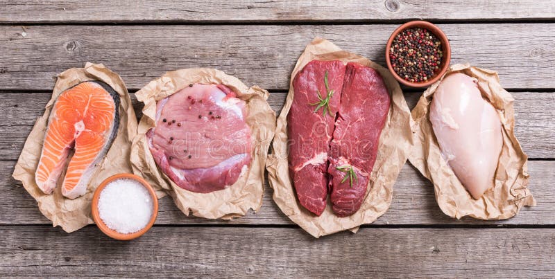 Salmon , Beef , Pork and Chicken Stock Image - Image of closeup, market ...