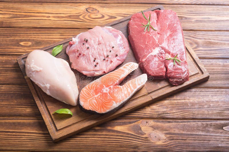 Salmon , Beef , Pork and Chicken Stock Photo - Image of fresh, closeup ...