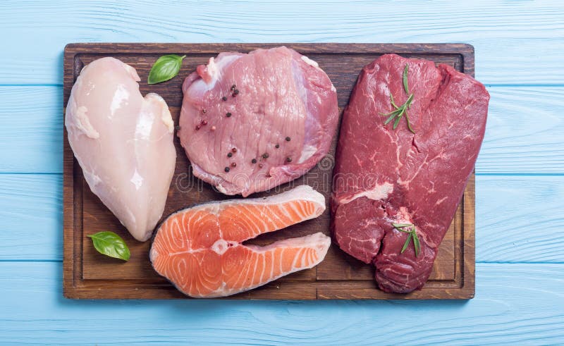 Salmon , Beef , Pork and Chicken Stock Photo - Image of object, natural ...