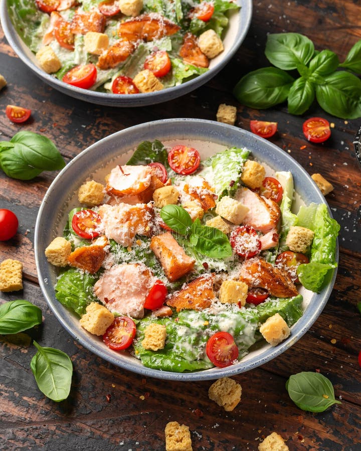 Salmon Caesar Salad with Grilled Fish, Croutons and Cherry Tomatoes ...