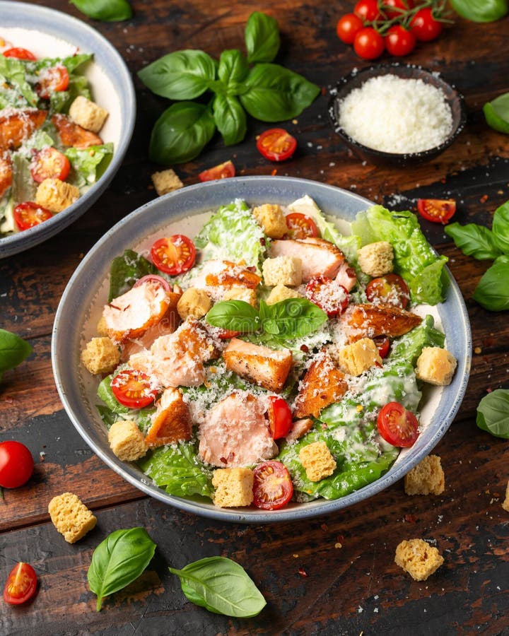 Salmon Caesar Salad with Grilled Fish, Croutons and Cherry Tomatoes ...