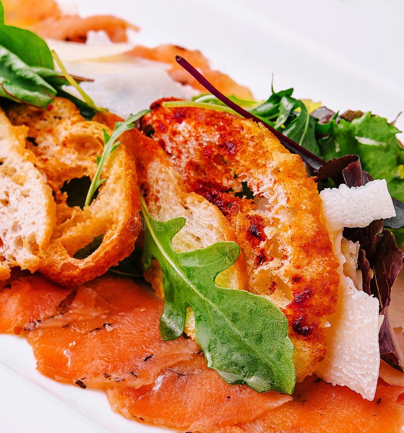 Salmon Carpaccio Served with Toast on Plate Stock Image - Image of ...