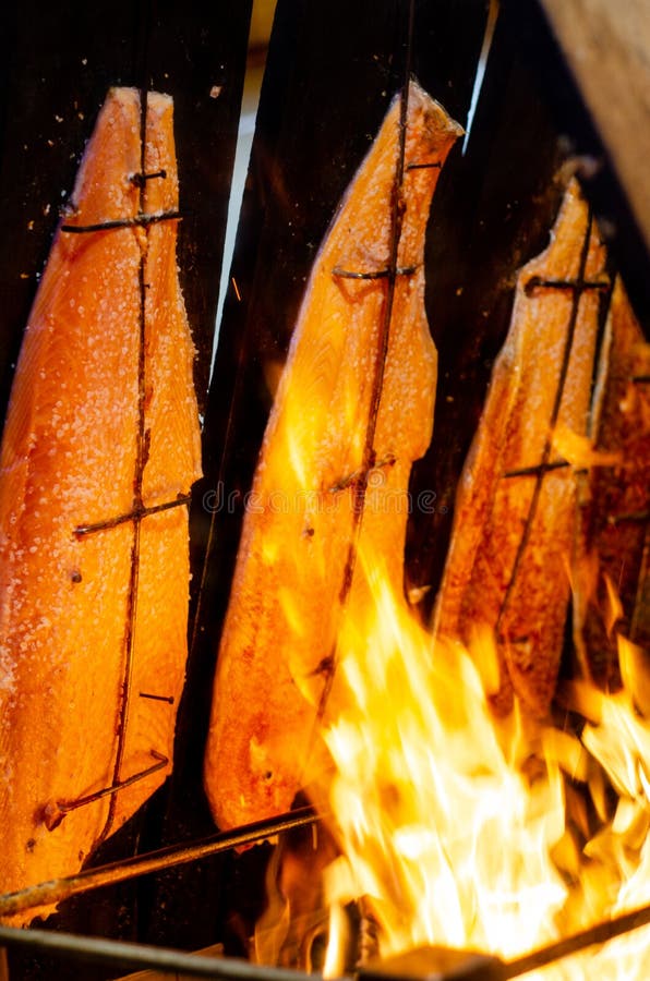 Salmon Cooking Over a Open Fire Stock Photo - Image of cook, health ...