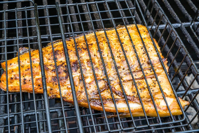 Salmon cooking on the rack stock image. Image of dining - 54639959
