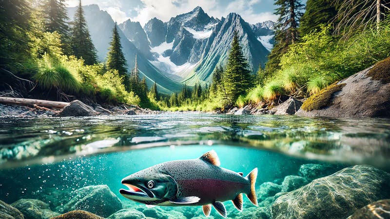 Salmon in a Crystal-clear Mountain Stream Stock Illustration ...