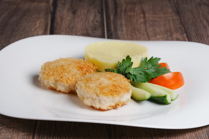 Salmon Cutlet with Mashed Potato and Vegetables Stock Photo - Image of ...