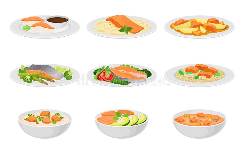 Salmon Dishes Served with Vegetables and Rice Vector Set Stock Vector ...