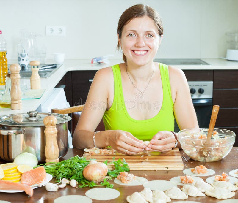 Salmon Dumplings (pelmeni) on the Light Inside the Kitchen Stock Image ...
