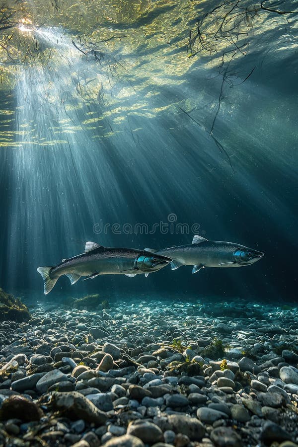 Salmon Duo Gliding in Crystal Clear River Stock Photo - Image of ...