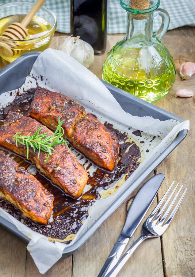 Salmon Fillet with Balsamic-honey Sauce, Baked Stock Photo - Image of ...