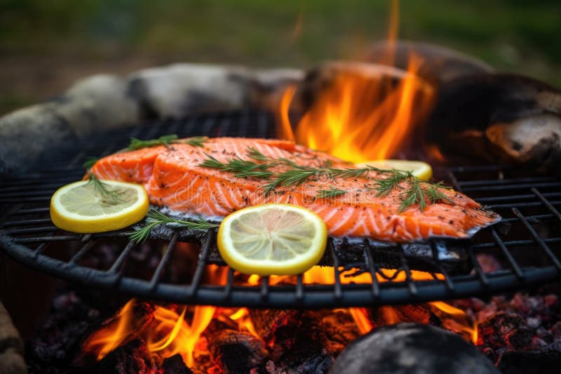 Salmon Fillet with Lemon Slices Roasting on a Fire Nest Stock Image ...