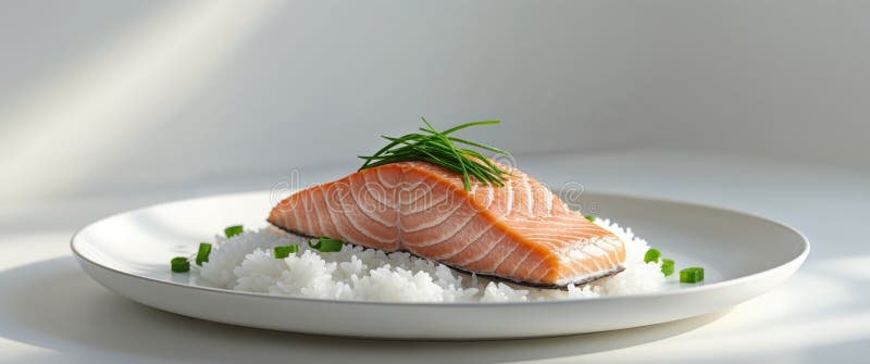 Salmon Fillet Served Over Fluffy White Rice. Stock Photo - Image of ...