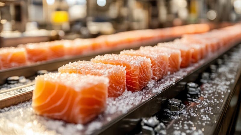 Salmon Fillets Coated with Salt on Processing Line in Food Factory ...