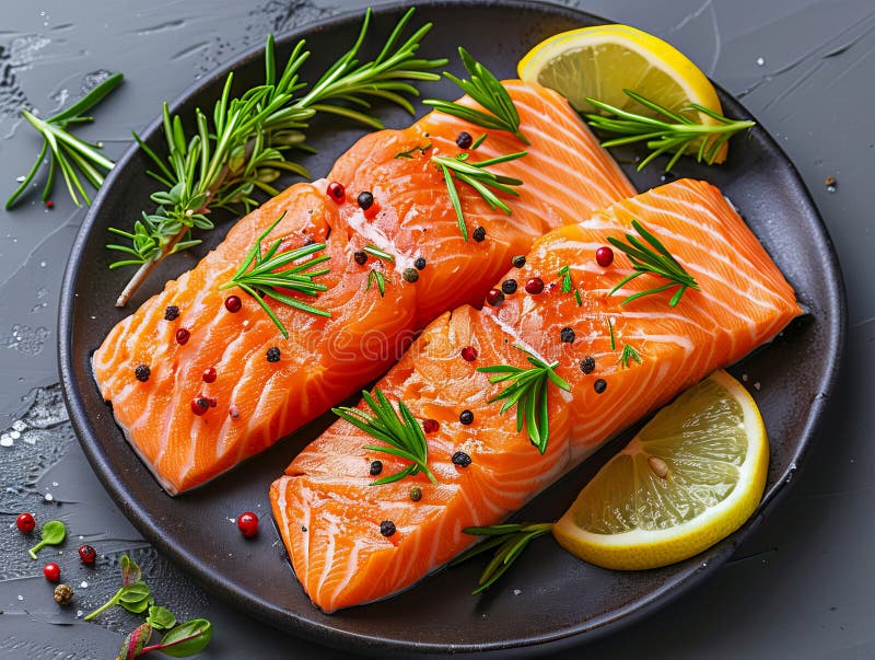 Salmon Fillets with Lemon and Herbs on a Plate Stock Image - Image of ...