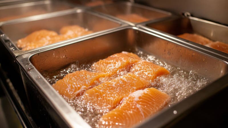 Salmon Fillets Simmering in Water Bath Preparation Stock Illustration ...