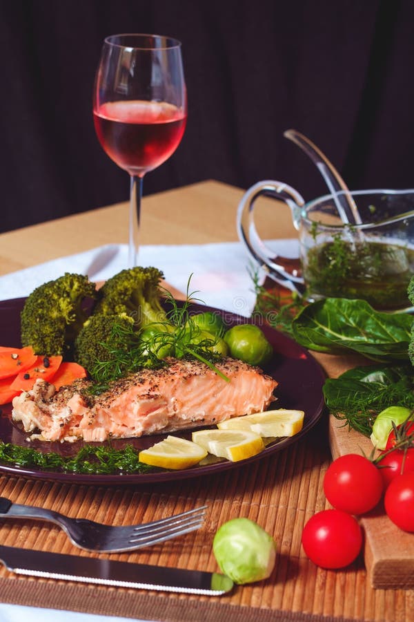 Salmon fish with broccoli stock photo. Image of omega - 66806498