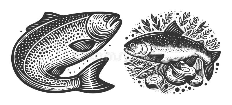 Salmon Fish Engraving Set Vector Collection Stock Illustration ...
