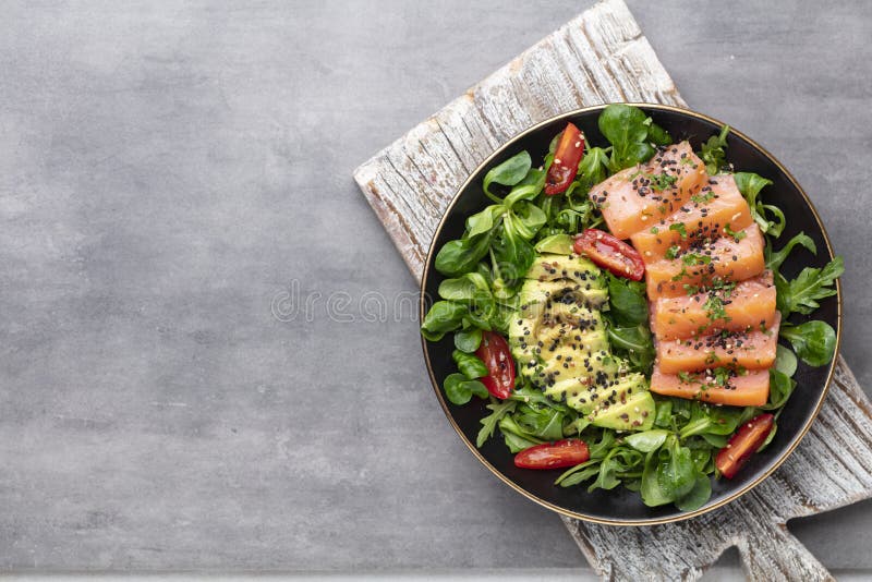 Salmon Fish Fillet with Fresh Salad, Avocado Top View Stock Image ...