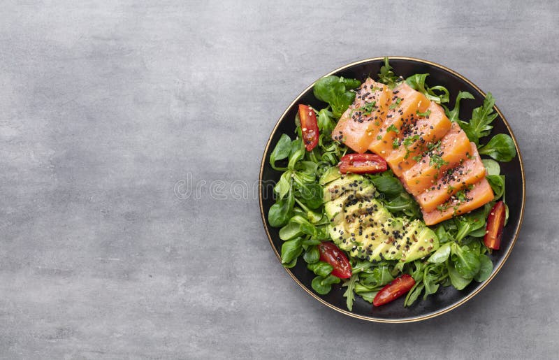 Salmon Fish Fillet with Fresh Salad, Avocado Top View Stock Image ...