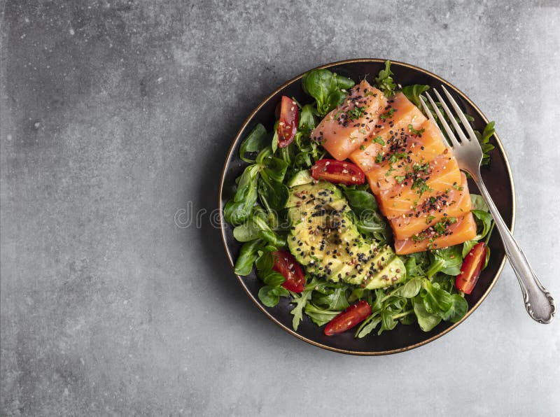 Salmon Fish Fillet with Fresh Salad, Avocado Top View Stock Image ...