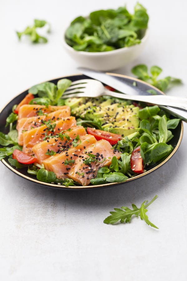 Salmon Fish Fillet with Fresh Salad, Avocado Top View Stock Image ...