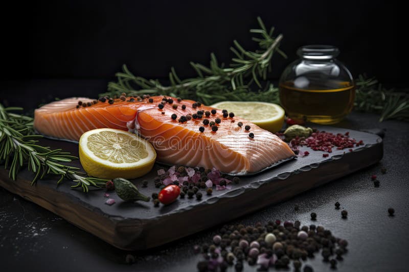 Salmon Fish with Ingredients at Black Table Stock Illustration ...