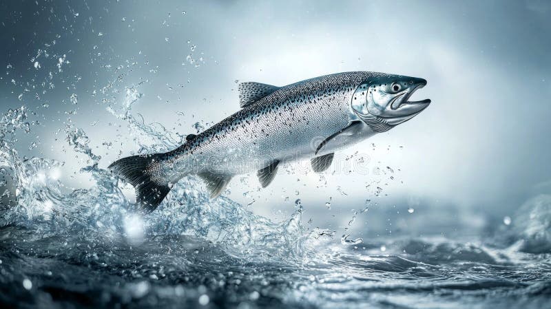 Salmon Fish Jumping with Splashing in Water Stock Image - Image of ...