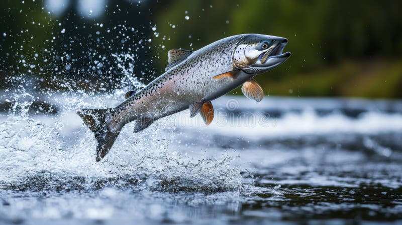 Salmon Fish Jumping with Splashing in Water Stock Image - Image of ...