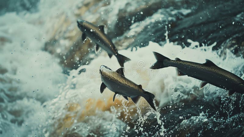Salmon Fish Leaping Upstream in a River, Showcasing Dynamic Movement ...