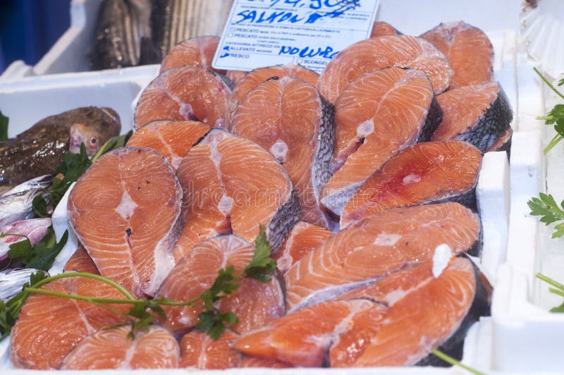 Salmon in fish market stock image. Image of stack, fresh - 79967685