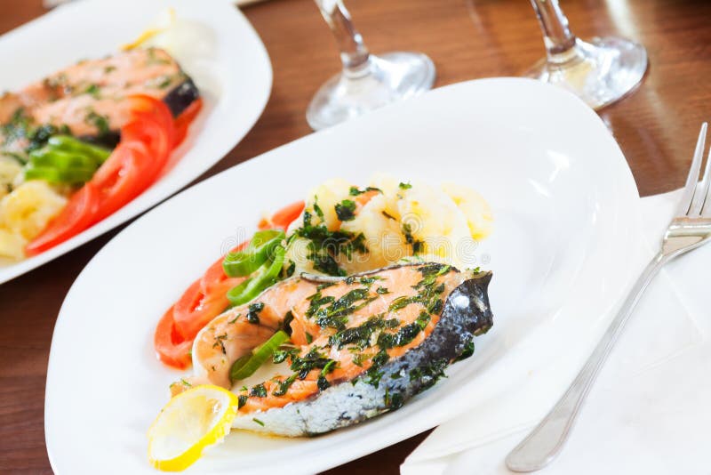 Salmon fish on plate stock image. Image of lemon, healthy - 43492123