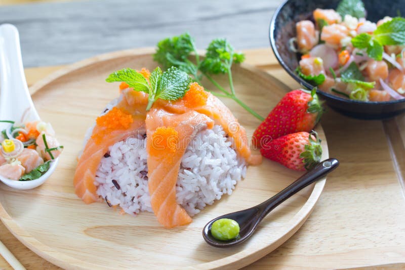 Salmon fish with rice stock photo. Image of fruit, shrimp - 148309126