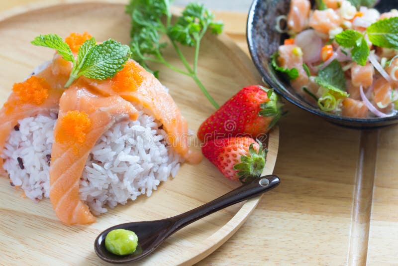 Salmon fish with rice stock image. Image of asia, shrimp - 148309171