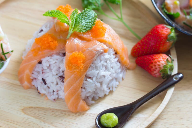 Salmon fish with rice stock image. Image of plate, delicious - 148309569