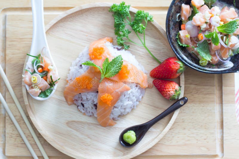 Salmon fish with rice stock image. Image of spoon, japanese - 148309687