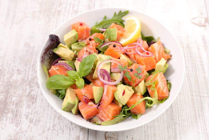 Salmon fish salad stock photo. Image of dinner, bowl - 133382334