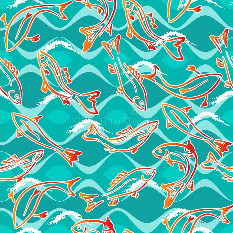 Salmon Fish Seamless Pattern Stock Vector - Illustration of blue ...