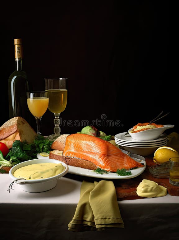 Salmon fish still life stock illustration. Illustration of meal - 277668714