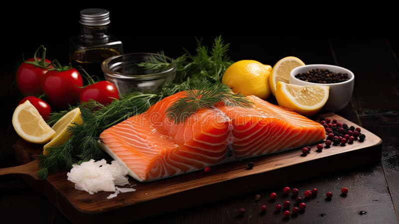 Salmon fish on table stock illustration. Illustration of table - 288669103