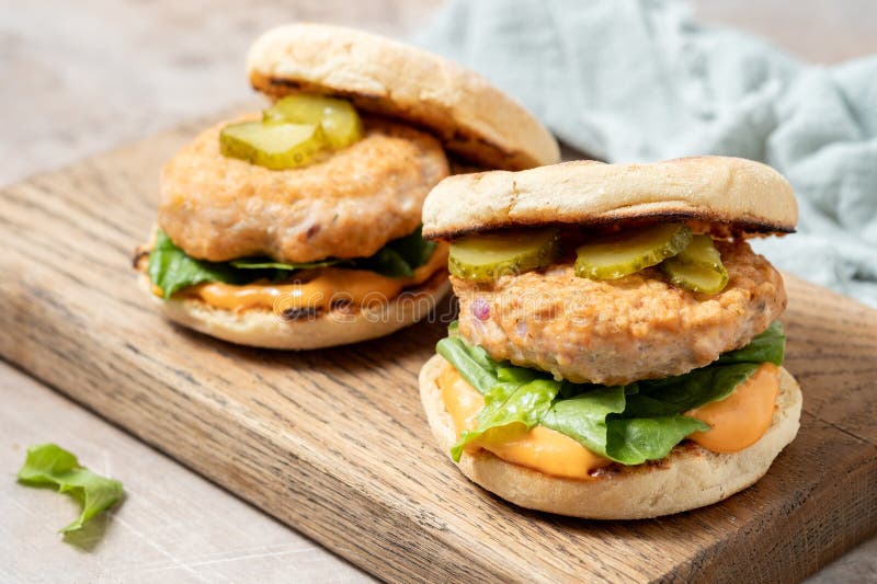 Salmon Fishburger on English Muffin Stock Photo - Image of freshness ...